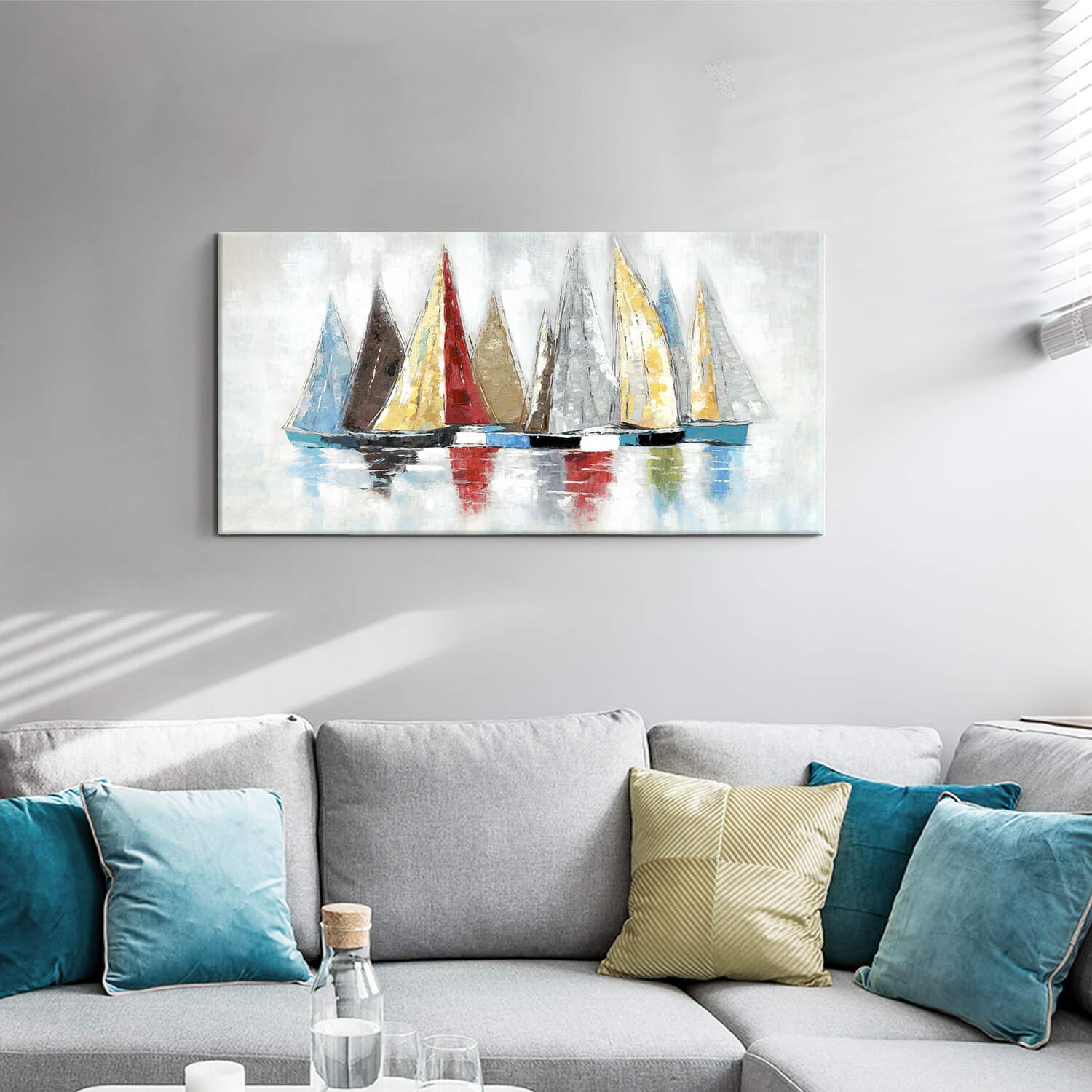 Colorful sailboats Wall Art Painting: Abstract Boats Reflection Artwork Calm Water Canvas Picture for Living Room