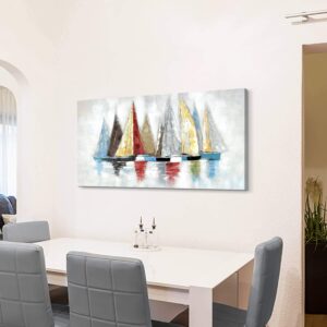 Colorful sailboats Wall Art Painting: Abstract Boats Reflection Artwork Calm Water Canvas Picture for Living Room