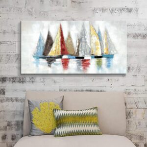 Colorful sailboats Wall Art Painting: Abstract Boats Reflection Artwork Calm Water Canvas Picture for Living Room