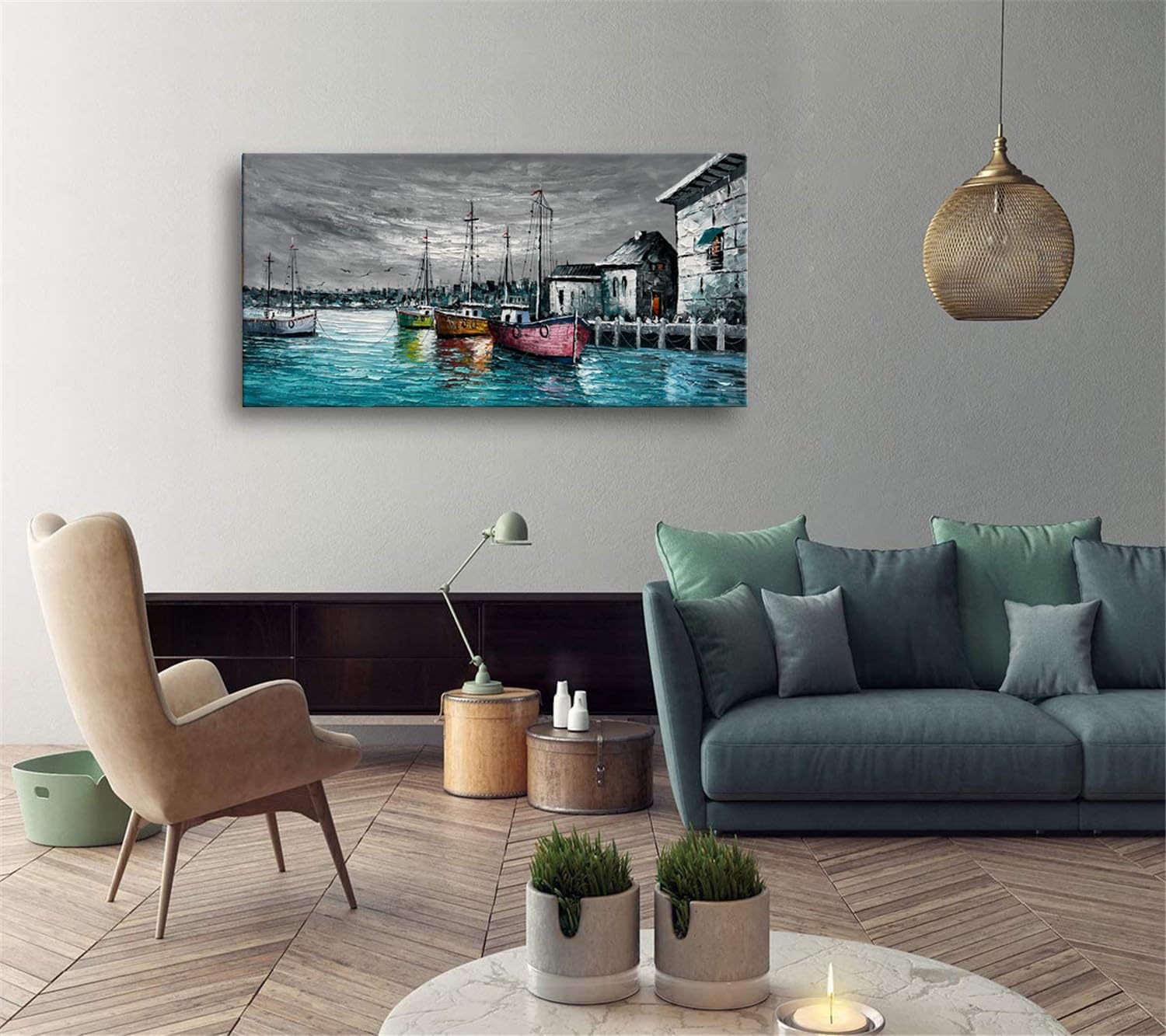 zoinart Hand Painted Large Canvas Wall Art 48x24 Inches Abstract Wall Paintings Contemporary Texture Wall Art Wharf Landscape Artwork Living Room Bedroom Wall Decor Ready to Hang