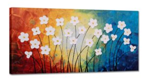 yihui arts flower pictures wall decor hand painted 3d light blue yellow red and white canvas oil paintings modern big horizontal artwork for living room bedroom nursery decoration