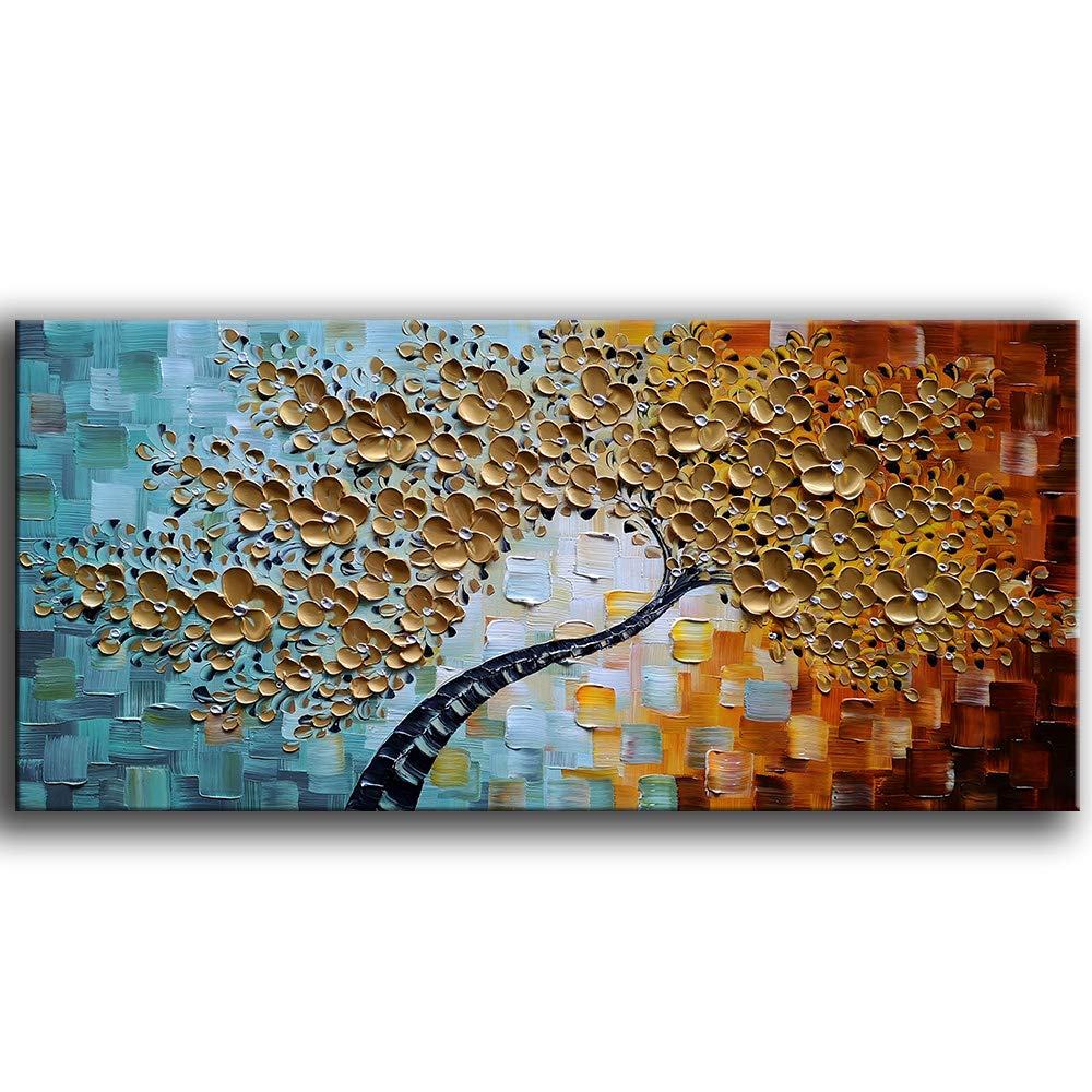 Tyed Art-24x48 Inch Golden Flower Paintings 3D Abstract Paintings Oil Hand Painting On Canvas Wood Inside Framed Ready to Hang Wall Decoration for Living Room Bed Room