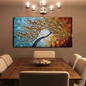 Tyed Art-24x48 Inch Golden Flower Paintings 3D Abstract Paintings Oil Hand Painting On Canvas Wood Inside Framed Ready to Hang Wall Decoration for Living Room Bed Room