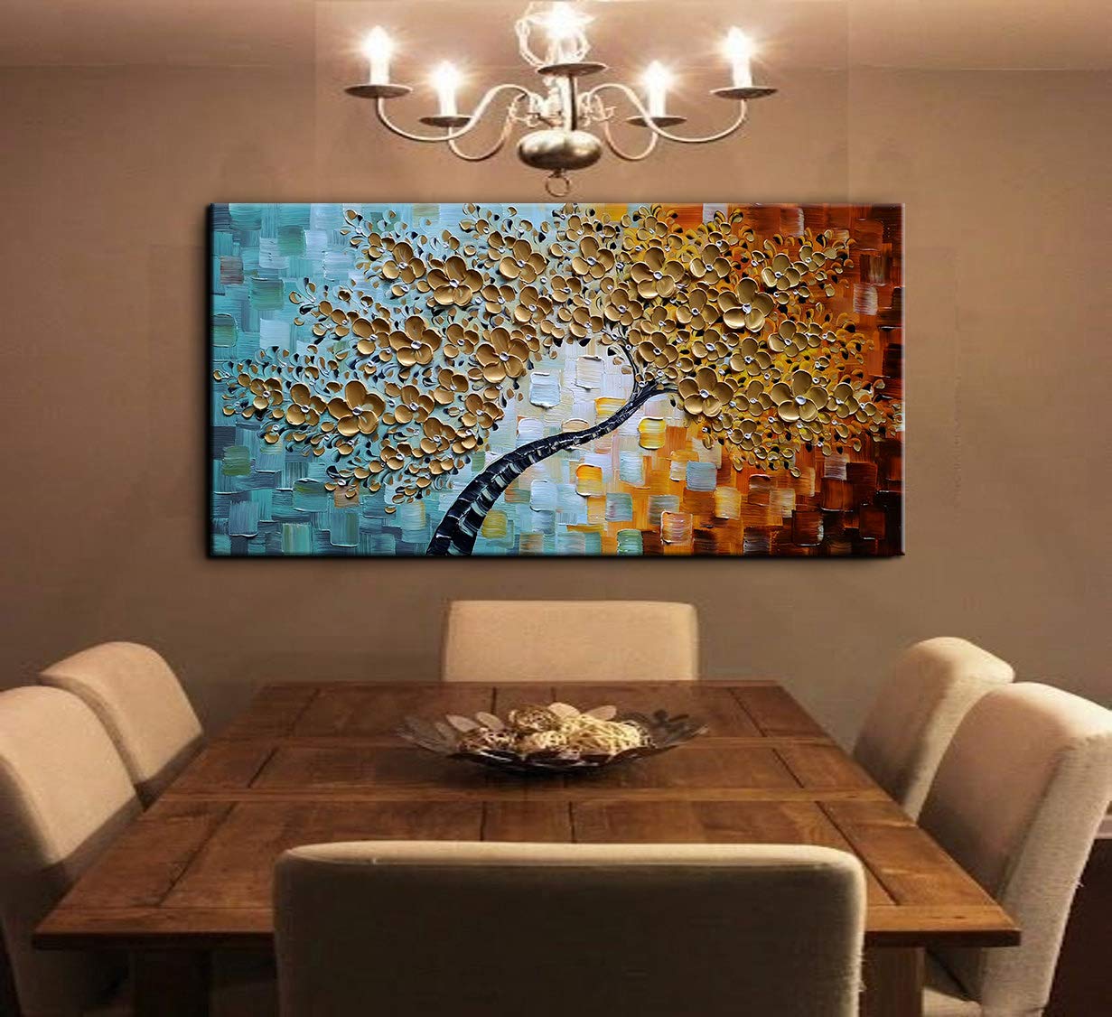 Tyed Art-24x48 Inch Golden Flower Paintings 3D Abstract Paintings Oil Hand Painting On Canvas Wood Inside Framed Ready to Hang Wall Decoration for Living Room Bed Room