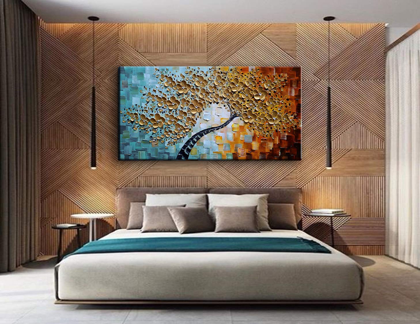 Tyed Art-24x48 Inch Golden Flower Paintings 3D Abstract Paintings Oil Hand Painting On Canvas Wood Inside Framed Ready to Hang Wall Decoration for Living Room Bed Room