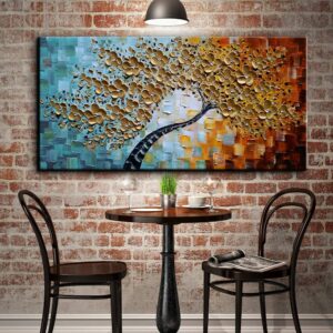 Tyed Art-24x48 Inch Golden Flower Paintings 3D Abstract Paintings Oil Hand Painting On Canvas Wood Inside Framed Ready to Hang Wall Decoration for Living Room Bed Room