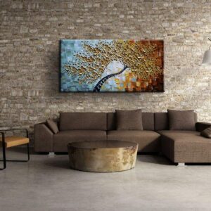 Tyed Art-24x48 Inch Golden Flower Paintings 3D Abstract Paintings Oil Hand Painting On Canvas Wood Inside Framed Ready to Hang Wall Decoration for Living Room Bed Room