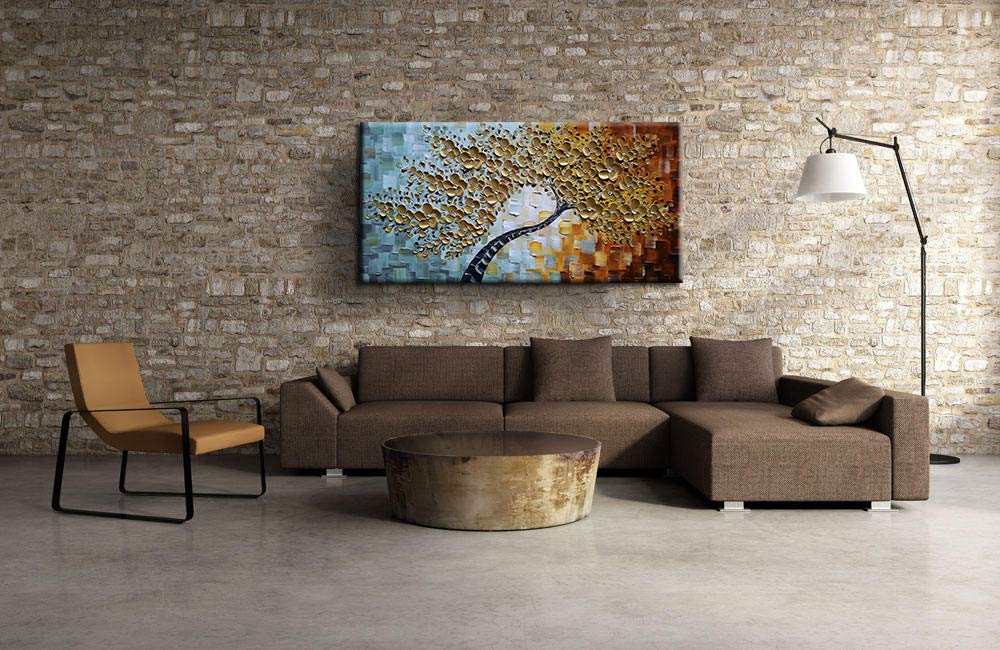 Tyed Art-24x48 Inch Golden Flower Paintings 3D Abstract Paintings Oil Hand Painting On Canvas Wood Inside Framed Ready to Hang Wall Decoration for Living Room Bed Room