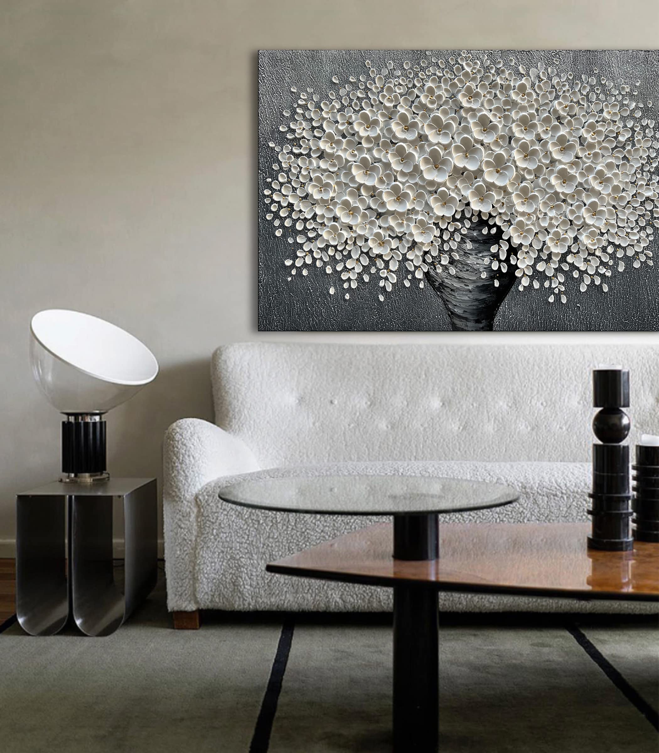 Epicler 30x45 inch hand-painted oil painting, white bouquet oil painting, canvas wall decoration painting.