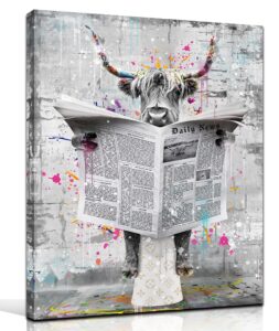 gugika highland cow canvas wall art for bathroom, funny graffiti bedroom wall decor, black and white painting for living room, restroom picture, 12x16 inch