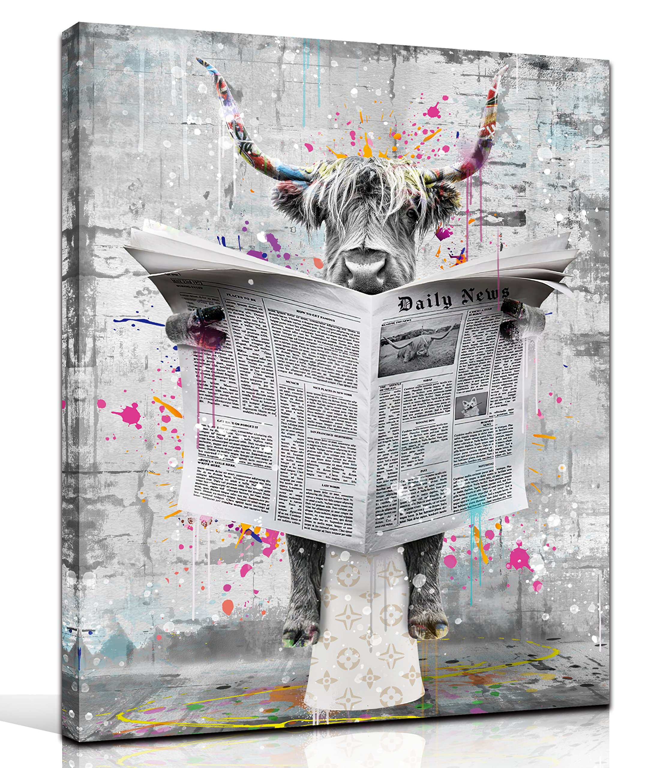 GUGIKA Highland Cow Canvas Wall Art for Bathroom, Funny Graffiti Bedroom Wall Decor, Black and White Painting for Living Room, Restroom Picture, 12x16 Inch