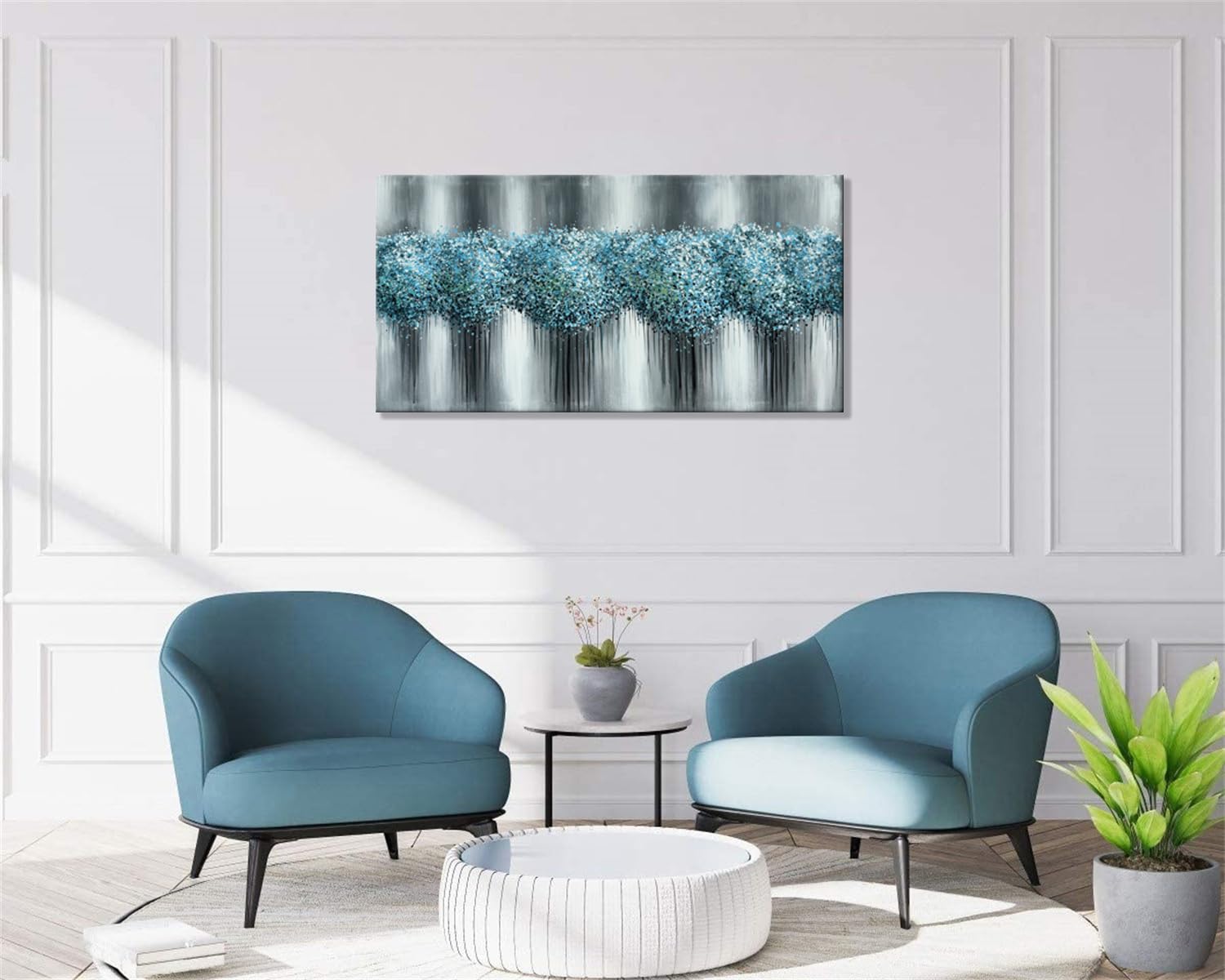 Hand Painted Abstract Blue Wall Art 46x23 Inches, Large Wall Paintings with 3D Effect, Textured Canvas Wall Art for Living Room, Bedroom, etc.