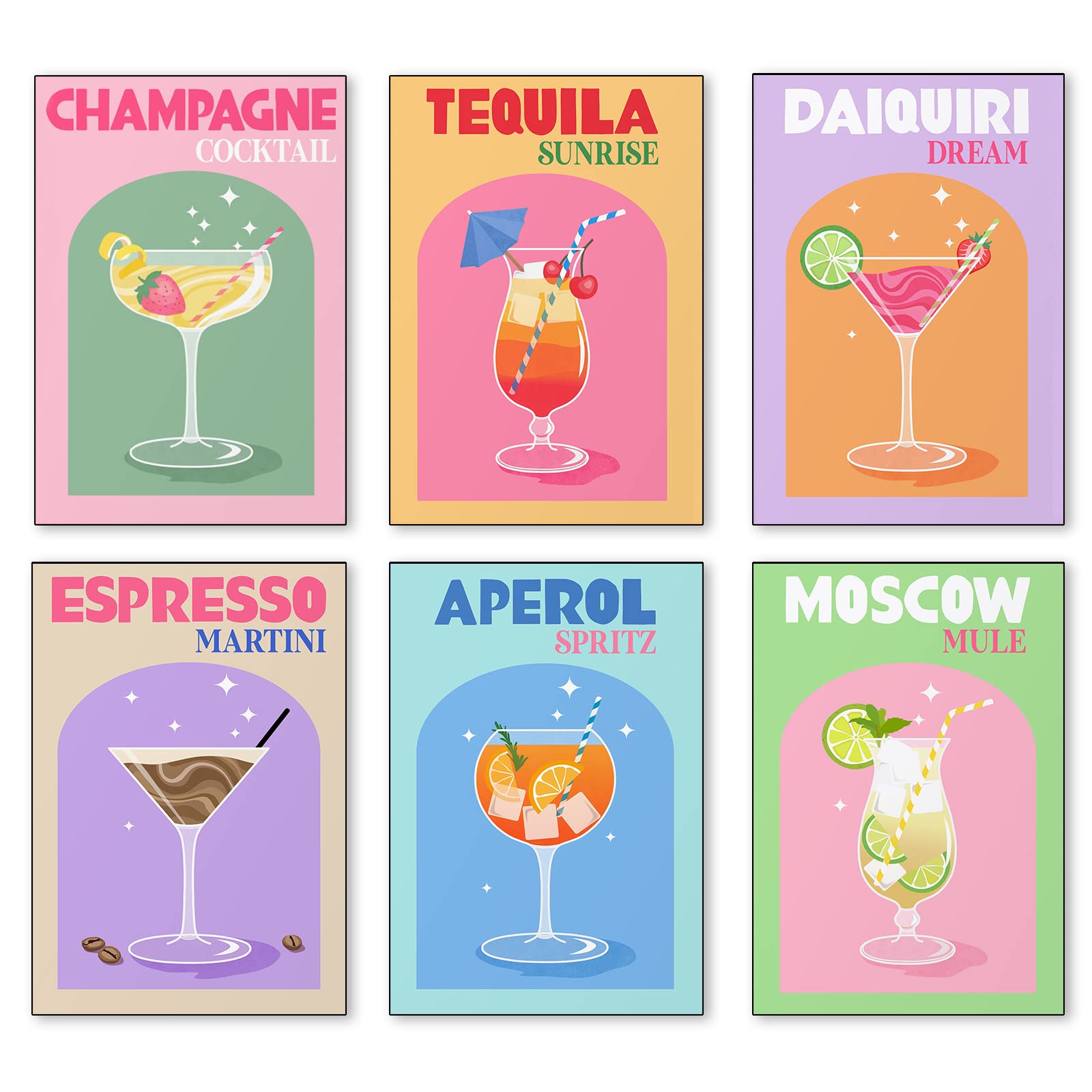 XINTANG Retro Cocktail Poster Canvas Wall Art Funny Alcoho Wine Glass Print Paintings Cute Preppy Posters Aesthetic Room Wall Decor Pictures for Bar Party Dorm Kitchen Set of 6 8x10in Unframed