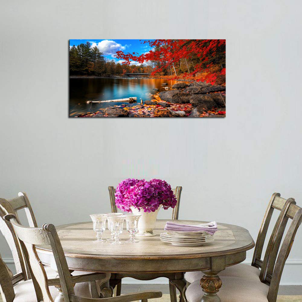 DZL Art S72674 Canvas Wall Art Canvas Artwork Lake Mountain Red Maple Leaf National Park Nature Pictures for Living Room Bedroom Office Wall Decor Home Decoration