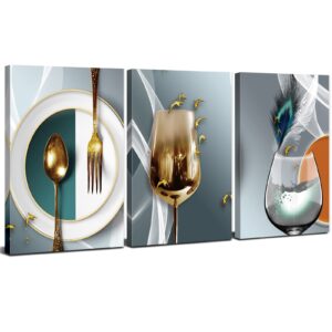 canvas wall art for dining room kitchen wall decor teal gold wine glass pictures abstract wine cups paintings geometric kitchenware posters modern home decorations family bar pub artwork 12x16" 3 pcs