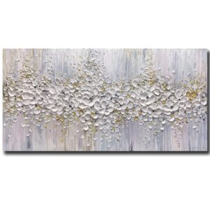 art8yuqi paintings - contemporary abstract art oil painting on canvas texture 3d white flower painting handmade artwork picture canvas wall art modern home decor living room ready to hang 24x48inch