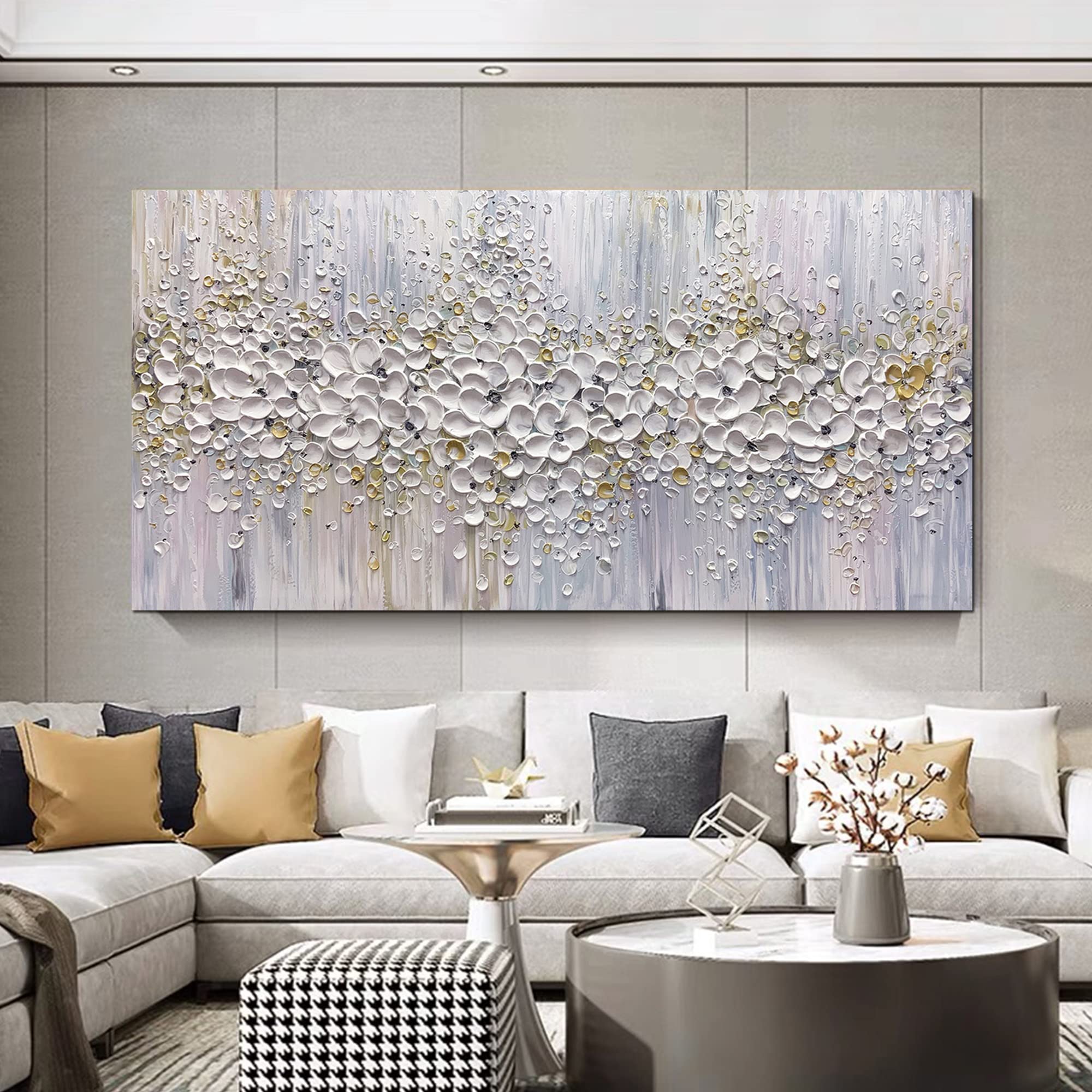 ART8YUQI Paintings - Contemporary Abstract Art Oil Painting On Canvas Texture 3D White Flower painting Handmade Artwork Picture Canvas Wall Art Modern Home Decor living room Ready to Hang 24x48inch