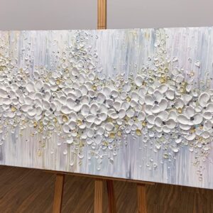 ART8YUQI Paintings - Contemporary Abstract Art Oil Painting On Canvas Texture 3D White Flower painting Handmade Artwork Picture Canvas Wall Art Modern Home Decor living room Ready to Hang 24x48inch