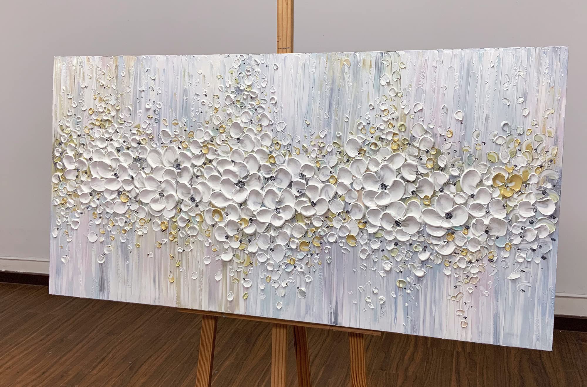 ART8YUQI Paintings - Contemporary Abstract Art Oil Painting On Canvas Texture 3D White Flower painting Handmade Artwork Picture Canvas Wall Art Modern Home Decor living room Ready to Hang 24x48inch