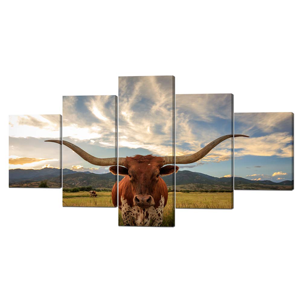 5 Piece Animal HD Painting Canvas Prints Texas Longhorn Steer in Rural Utah Giclee Artwork Modern Framed and Stretched Wall Art Painting for Living Room Decor - 60''W x 32''H