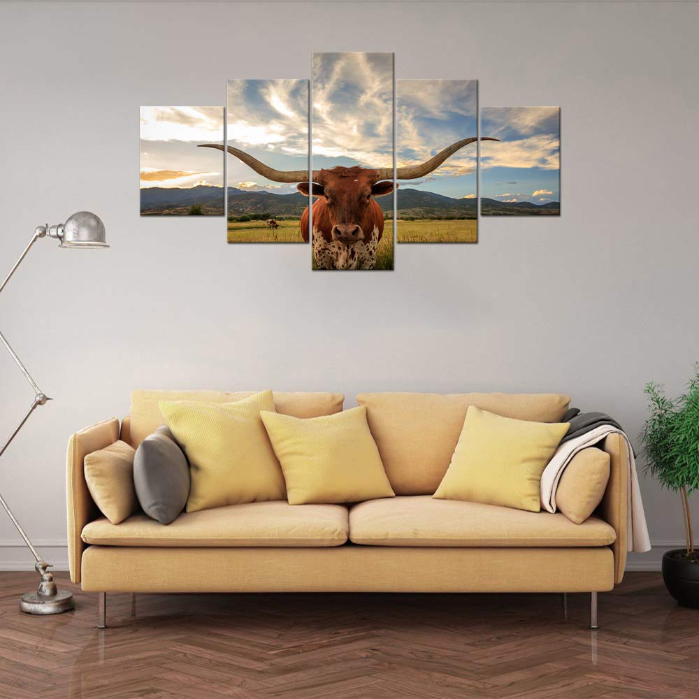 5 Piece Animal HD Painting Canvas Prints Texas Longhorn Steer in Rural Utah Giclee Artwork Modern Framed and Stretched Wall Art Painting for Living Room Decor - 60''W x 32''H