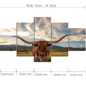 5 Piece Animal HD Painting Canvas Prints Texas Longhorn Steer in Rural Utah Giclee Artwork Modern Framed and Stretched Wall Art Painting for Living Room Decor - 60''W x 32''H