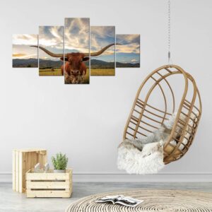 5 Piece Animal HD Painting Canvas Prints Texas Longhorn Steer in Rural Utah Giclee Artwork Modern Framed and Stretched Wall Art Painting for Living Room Decor - 60''W x 32''H