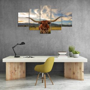 5 Piece Animal HD Painting Canvas Prints Texas Longhorn Steer in Rural Utah Giclee Artwork Modern Framed and Stretched Wall Art Painting for Living Room Decor - 60''W x 32''H