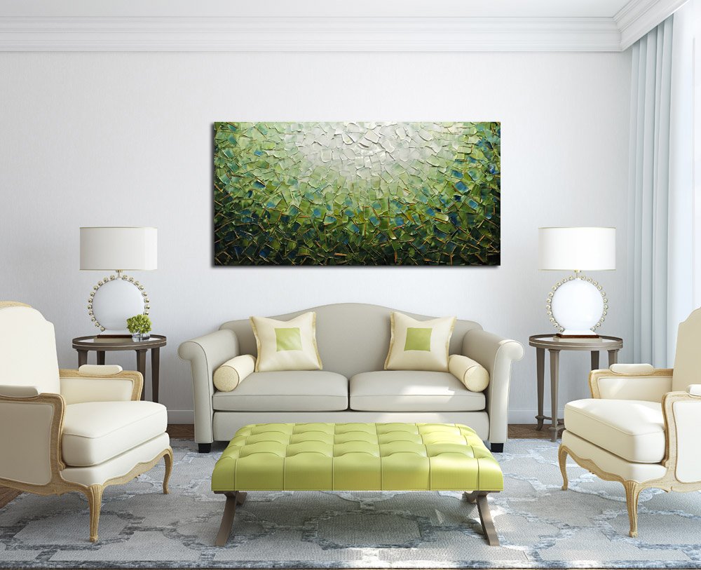 Yotree Paintings, 24x48 Inch Paintings Oil Hand Painting 3D Hand-Painted On Canvas Abstract Artwork Art Wood Inside Framed Hanging Wall Decoration Green Teal Abstract Painting