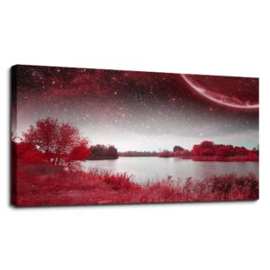 wall art for living room red lakes and trees under the starry sky red landscape painting office wall art decor 20" x 40" single pieces canvas prints ready to hang for home decoration works for bedroom