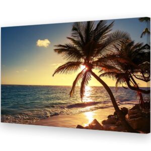 Muolunna S04981 Wall Art Decor Large Canvas Print Picture Sunset Ocean Beach Waves 1 Panel Coconut tree Scenery Painting Artwork for Office Home Decoration Stretched and Framed Ready to Hang XLarge