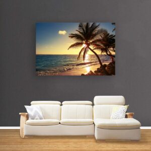 Muolunna S04981 Wall Art Decor Large Canvas Print Picture Sunset Ocean Beach Waves 1 Panel Coconut tree Scenery Painting Artwork for Office Home Decoration Stretched and Framed Ready to Hang XLarge