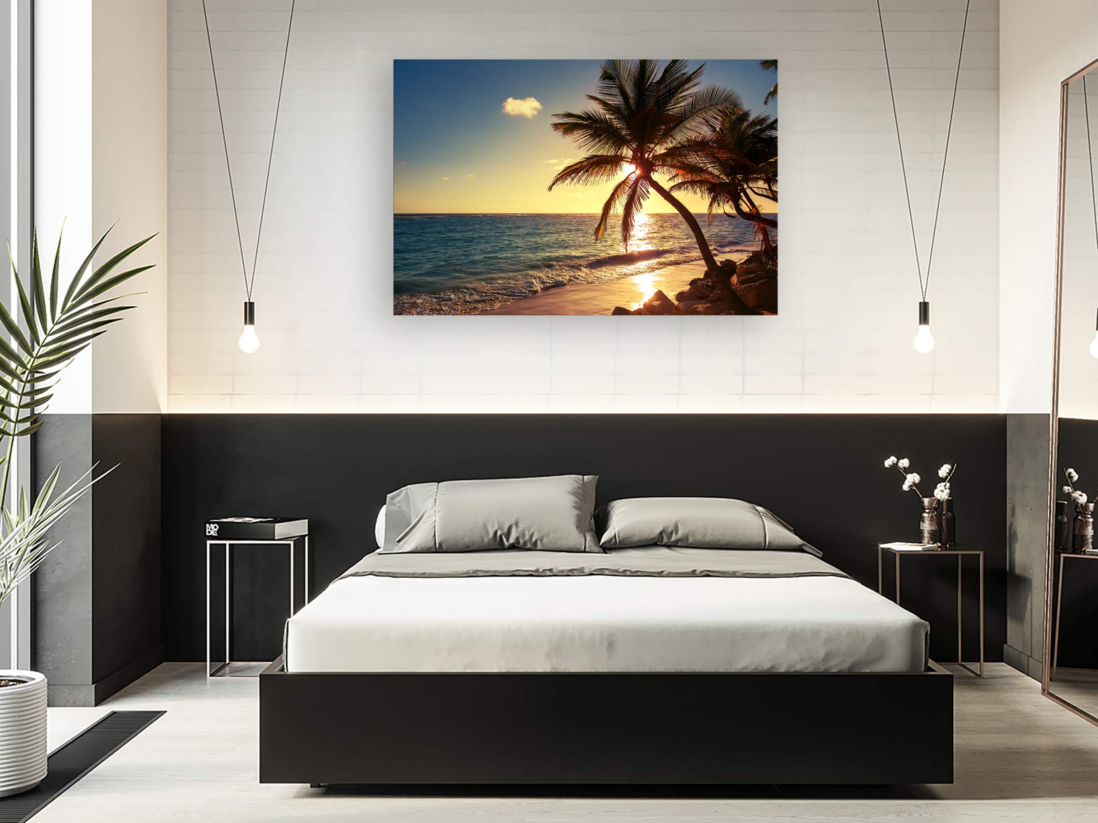 Muolunna S04981 Wall Art Decor Large Canvas Print Picture Sunset Ocean Beach Waves 1 Panel Coconut tree Scenery Painting Artwork for Office Home Decoration Stretched and Framed Ready to Hang XLarge