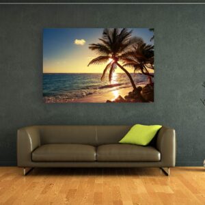 Muolunna S04981 Wall Art Decor Large Canvas Print Picture Sunset Ocean Beach Waves 1 Panel Coconut tree Scenery Painting Artwork for Office Home Decoration Stretched and Framed Ready to Hang XLarge