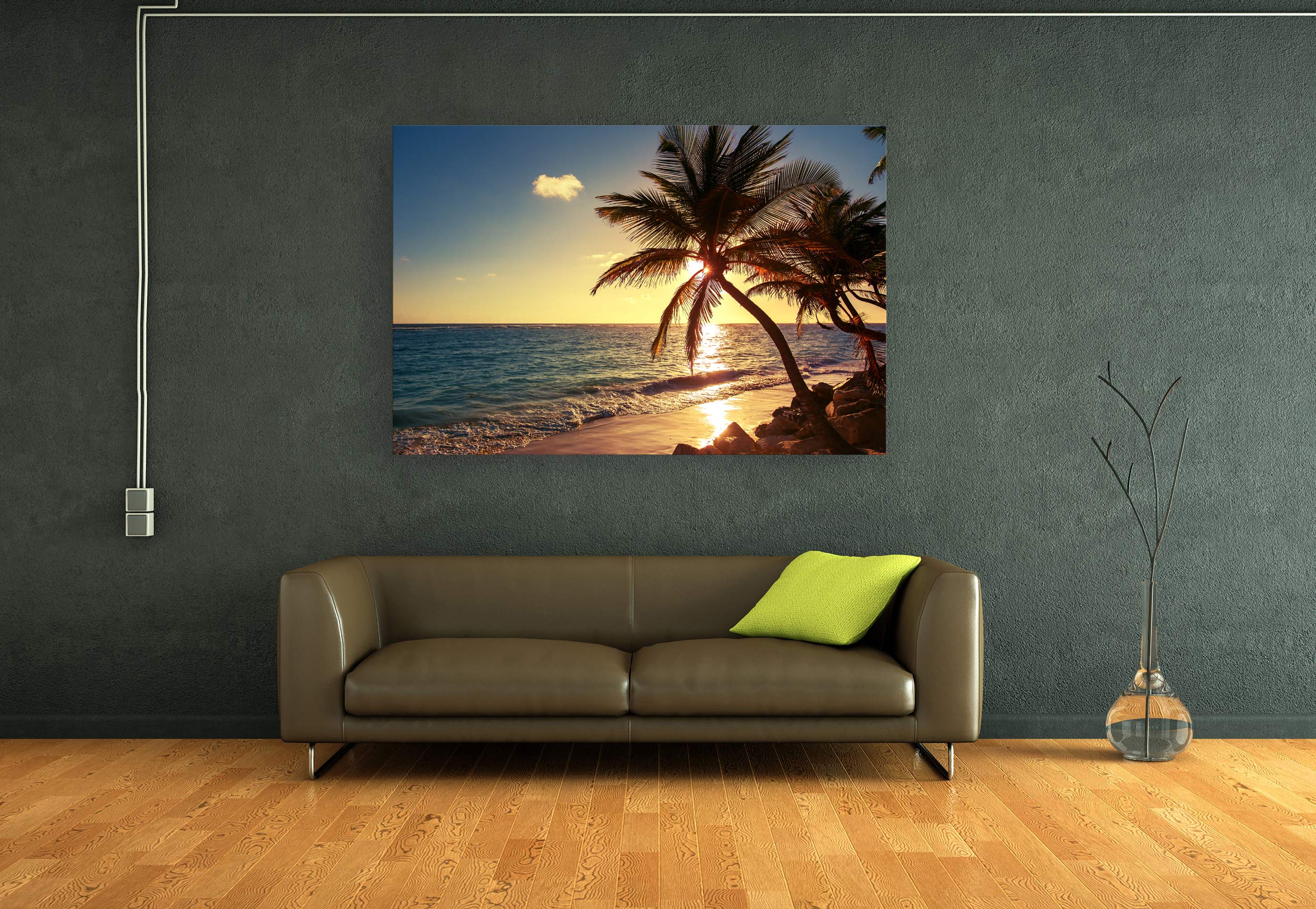 Muolunna S04981 Wall Art Decor Large Canvas Print Picture Sunset Ocean Beach Waves 1 Panel Coconut tree Scenery Painting Artwork for Office Home Decoration Stretched and Framed Ready to Hang XLarge