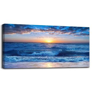 canvas wall art for living room blue ocean sea sun landscape painting bathroom wall decor ready to hang for home decorations office family bedroom kitchen works canvas prints pictures 24" x 48"inch