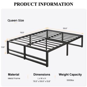 SHA CERLIN Queen Size Metal Bed Frame, 14 Inch Heavy Duty Platform Bed, High Under Bed Storage Space, Steel Slats Support up to 1000 lbs, No Box Spring Needed, Mattress Anti-Slip Design, Noise Free