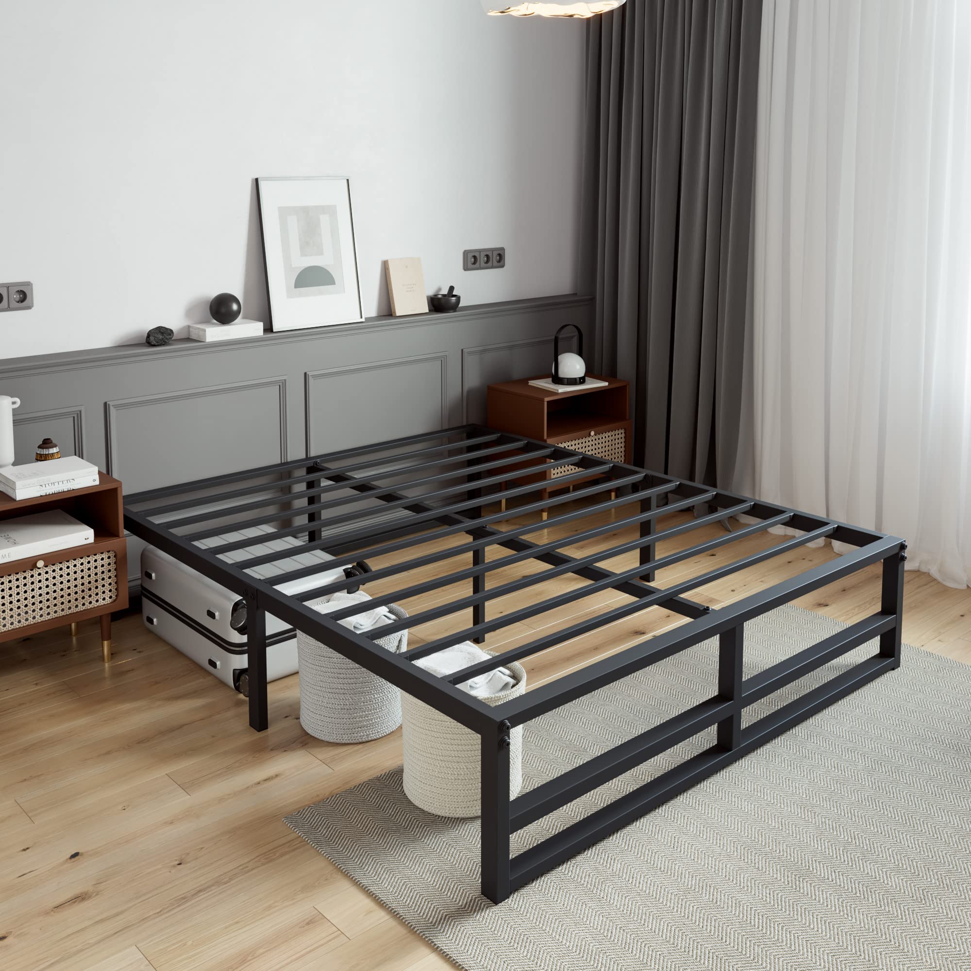 SHA CERLIN Queen Size Metal Bed Frame, 14 Inch Heavy Duty Platform Bed, High Under Bed Storage Space, Steel Slats Support up to 1000 lbs, No Box Spring Needed, Mattress Anti-Slip Design, Noise Free