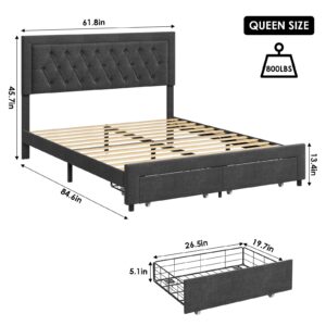 Keyluv Queen Bed Frame with 2 Storage Drawers and Adjustable Headboard, High-End Fabric Platform Bed with Button Tufted, Wooden Slats No Box Spring Needed/Easy Assembly, Dark Grey