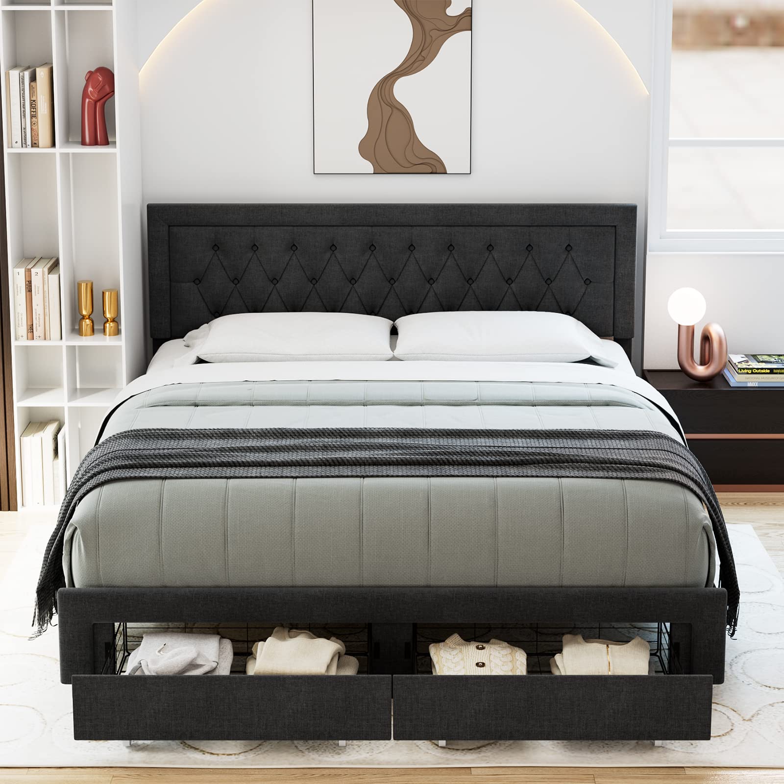 Keyluv Queen Bed Frame with 2 Storage Drawers and Adjustable Headboard, High-End Fabric Platform Bed with Button Tufted, Wooden Slats No Box Spring Needed/Easy Assembly, Dark Grey