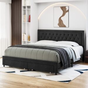 Keyluv Queen Bed Frame with 2 Storage Drawers and Adjustable Headboard, High-End Fabric Platform Bed with Button Tufted, Wooden Slats No Box Spring Needed/Easy Assembly, Dark Grey