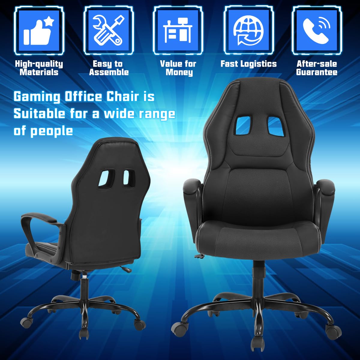 Gaming Chair PC Office Chair Ergonomic Gamer Chair PU Leather Executive Computer Chair with Lumbar Support High Back Adjustable Rolling Swivel Desk Chair for Adult Teen, Black