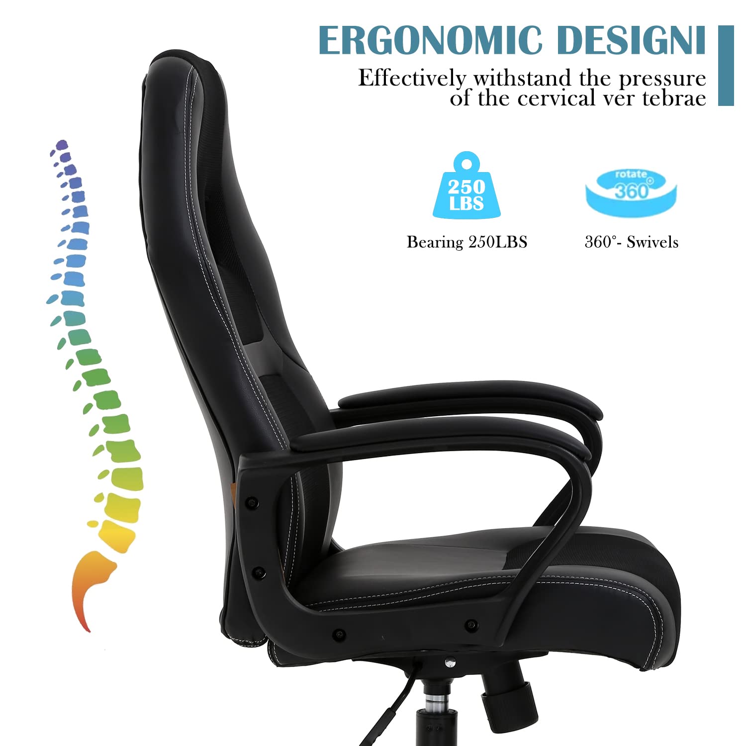 Upgrade Computer Video Game Chairs, High Back Ergonomic Leather Racer Task Chair with Lumbar Support & Headrest, PC Swivel Executive Rolling Office Desk Chair for Home Office Gaming Room