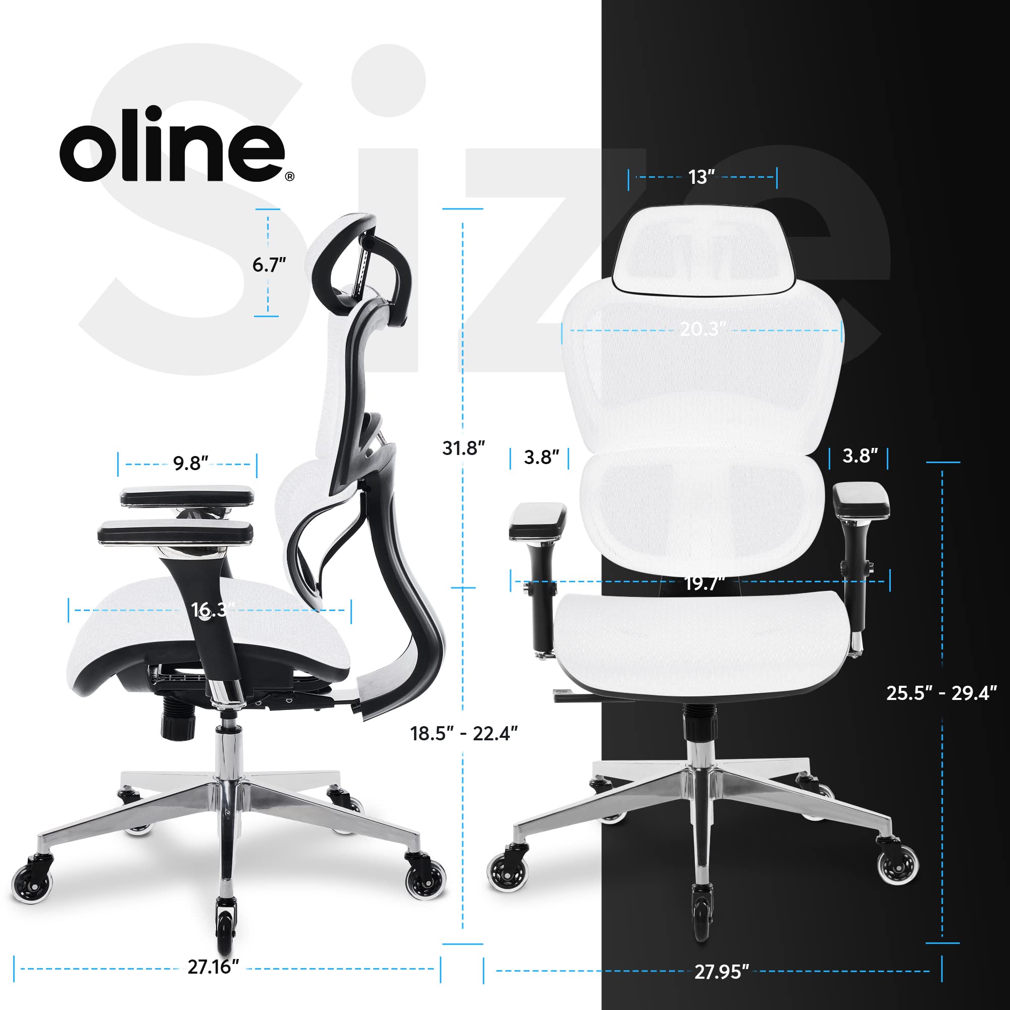 Oline ErgoPro Ergonomic Office Chair - Rolling Desk Chair with 4D Adjustable Armrest, 3D Lumbar Support and Blade Wheels - Mesh Computer Chair, Gaming Chairs, Executive Swivel Chair (White)