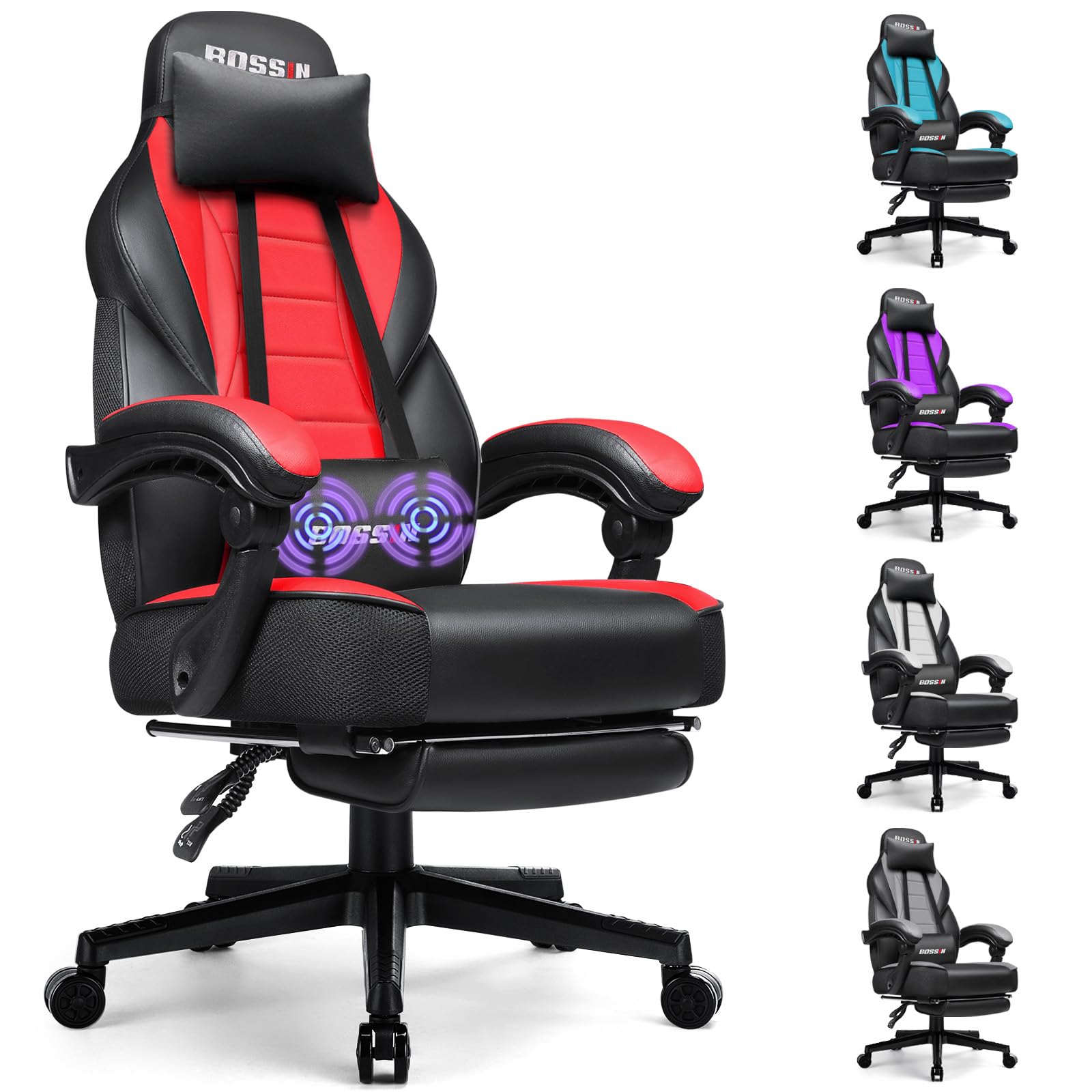 BOSSIN Gaming Chair with Footrest and Massage 400lb Weight Capacity, Big and Tall Gaming Chair for Adults, Ergonomic Heavy Duty Gaming Chair with Large Size Seat and High Back