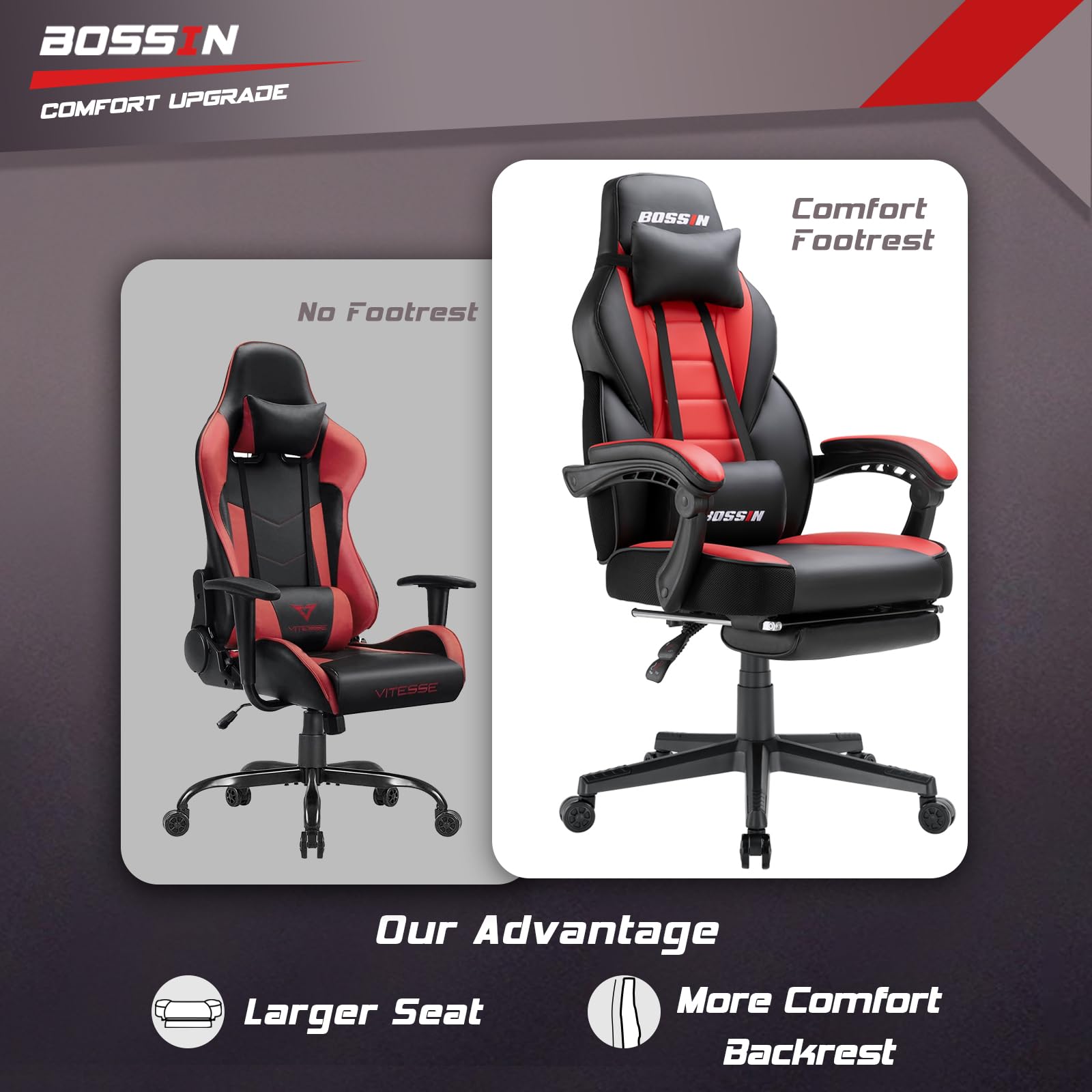 BOSSIN Gaming Chair with Footrest and Massage 400lb Weight Capacity, Big and Tall Gaming Chair for Adults, Ergonomic Heavy Duty Gaming Chair with Large Size Seat and High Back