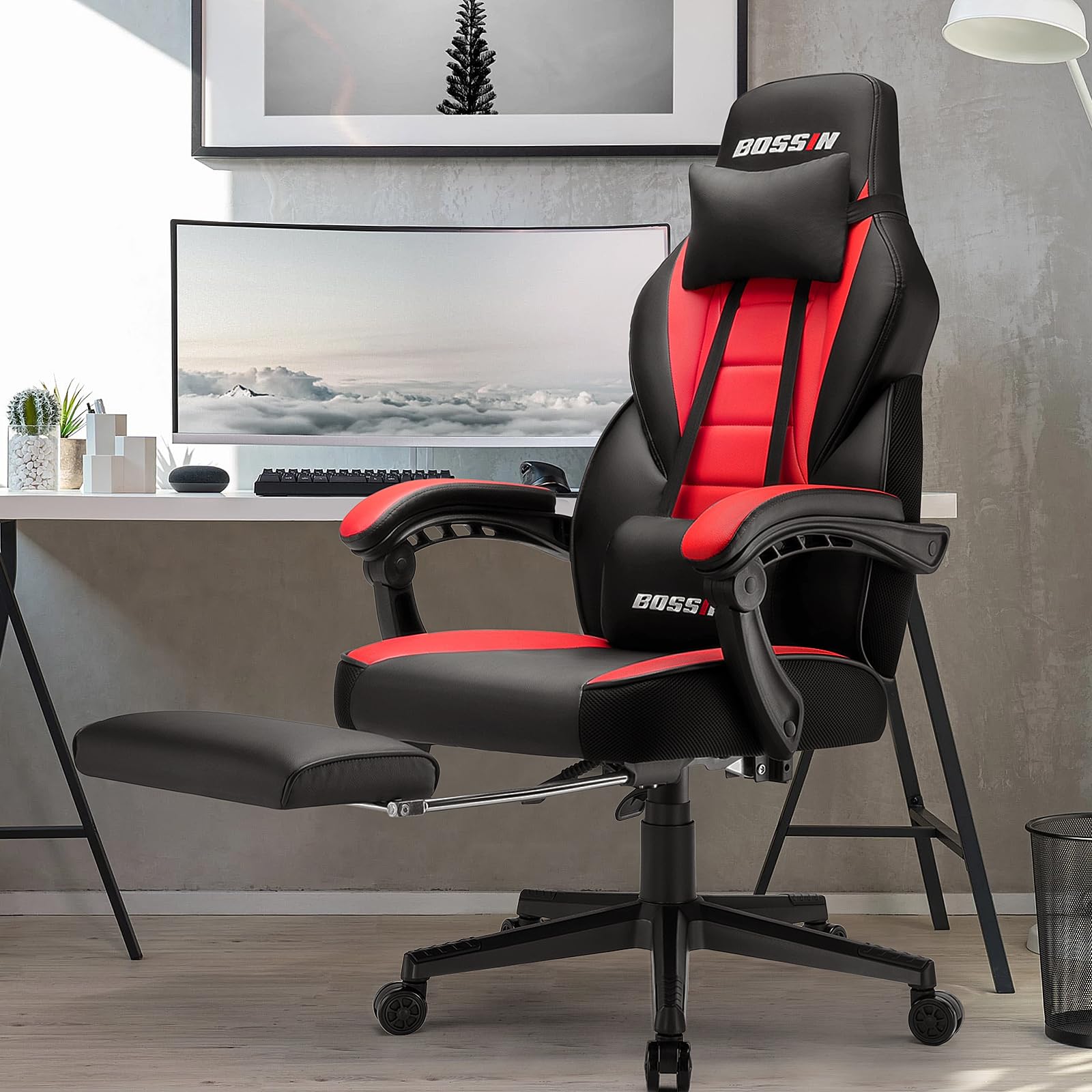 BOSSIN Gaming Chair with Footrest and Massage 400lb Weight Capacity, Big and Tall Gaming Chair for Adults, Ergonomic Heavy Duty Gaming Chair with Large Size Seat and High Back