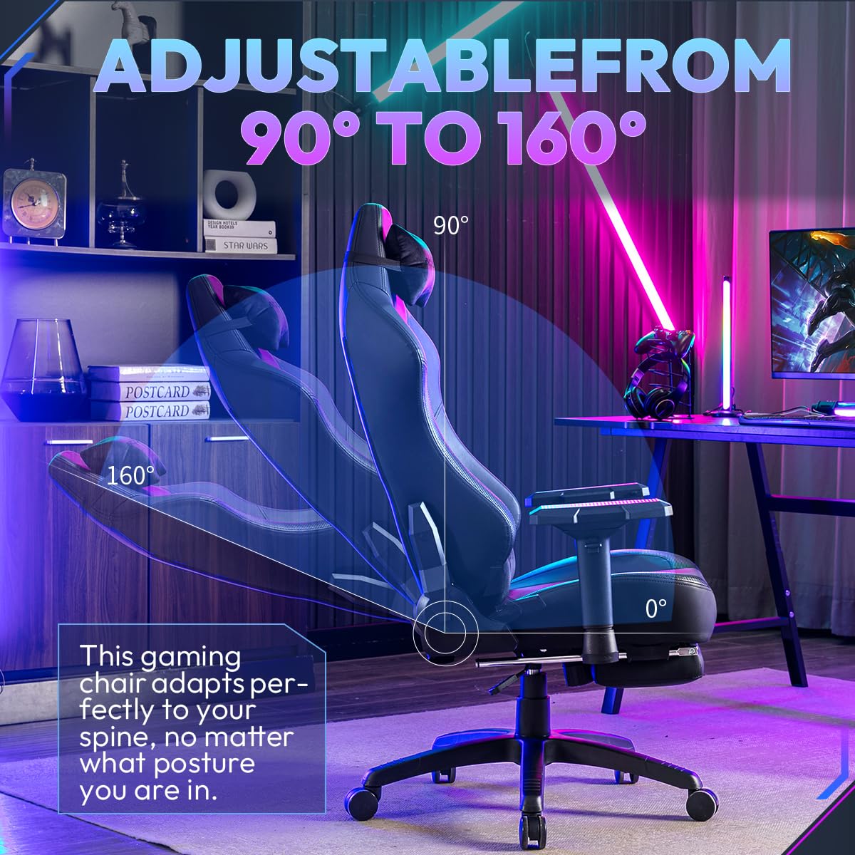 Dowinx Big and Tall Gaming Chair with 4D Armrest and Footrest, High Backrest Office Game Chair with Suede Headrest and Lumbar Support, Pu Leather Ergonomic Computer Chair 400LBS, Black