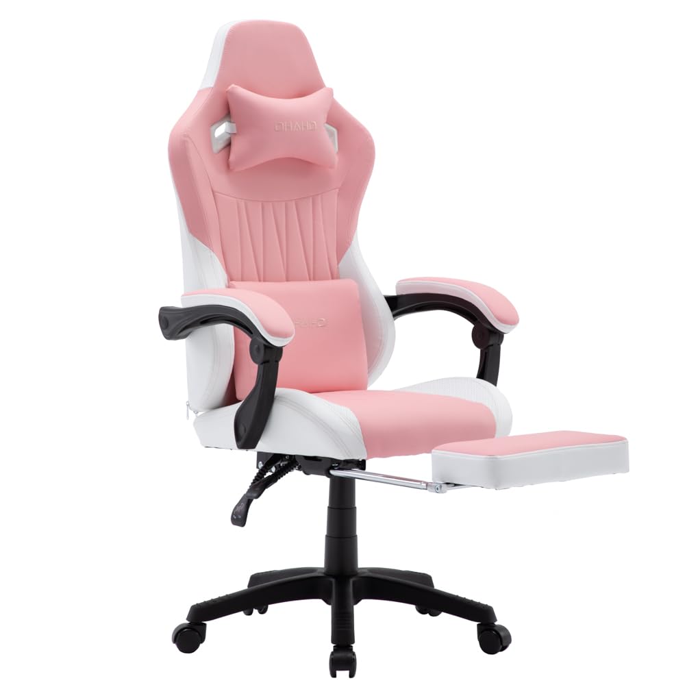 OHAHO Gaming Chair, Office Chair High Back Computer Chair Leather Desk Chair Racing Executive Ergonomic Adjustable Swivel Task Chair with Headrest and Lumbar Support (Pink)