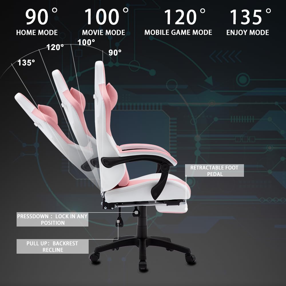 OHAHO Gaming Chair, Office Chair High Back Computer Chair Leather Desk Chair Racing Executive Ergonomic Adjustable Swivel Task Chair with Headrest and Lumbar Support (Pink)